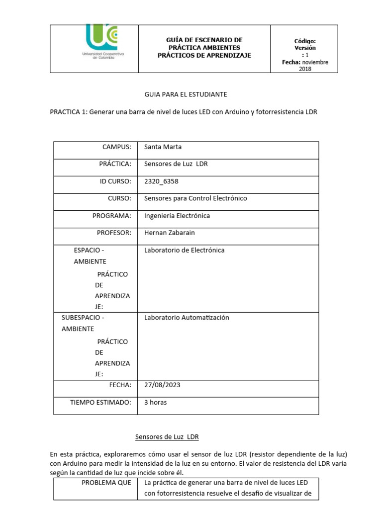 PRACTICA 1 Sensores | PDF | Diodo emisor de luz | Arduino
