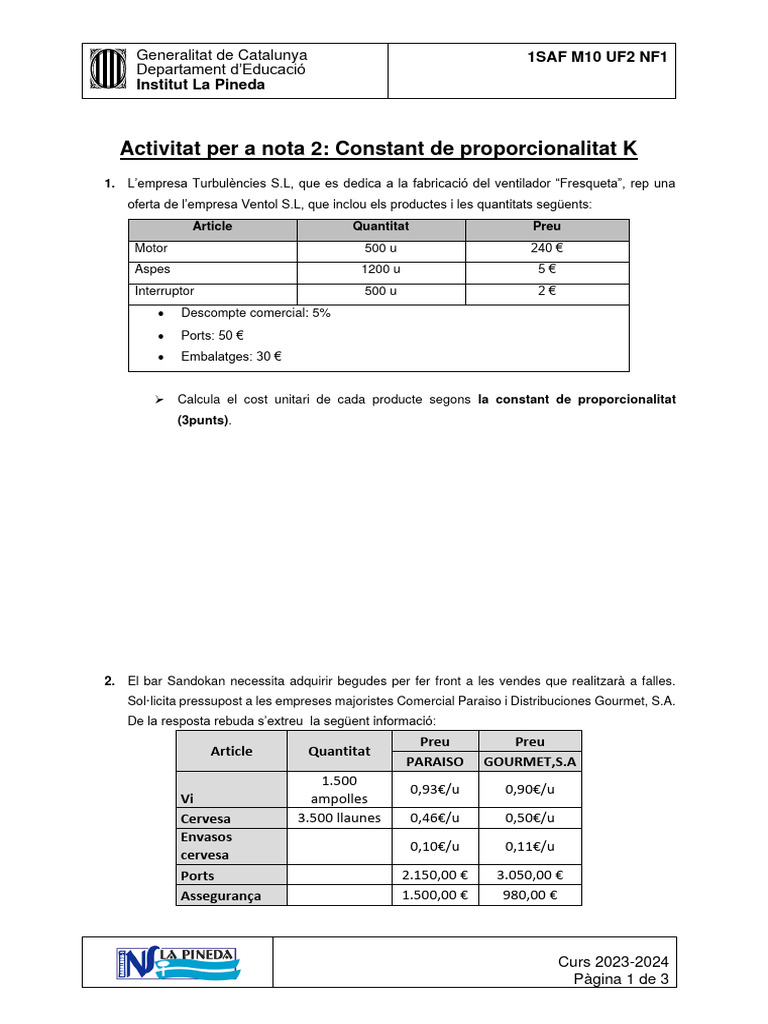 Act - Nota 2 - Uf2 - NF1 Constant de Proporcionalitat | PDF