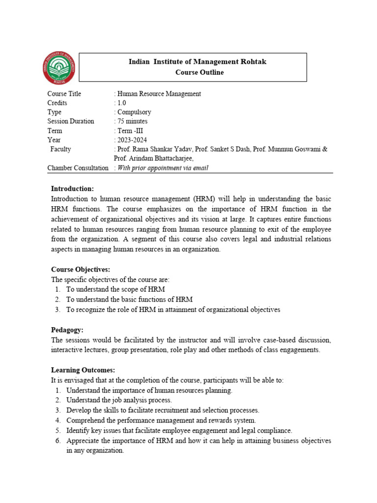 HRM - Course Outline 2023 | PDF | Human Resource Management | Human ...