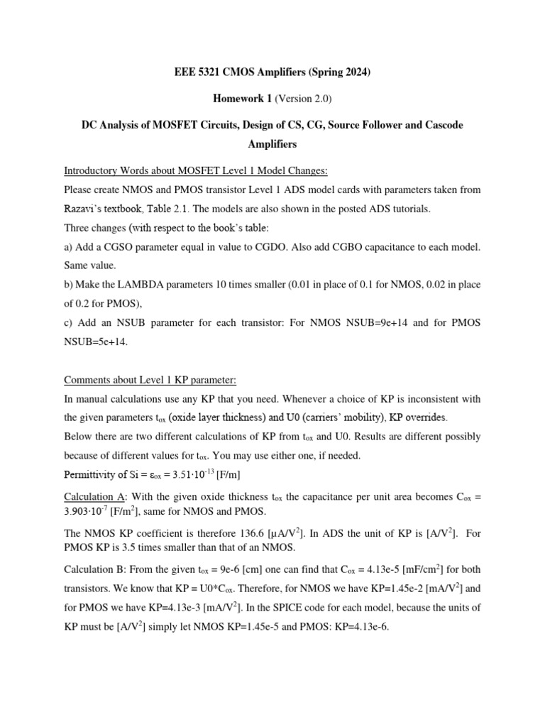EEE_5321_Sp24_HW1_ver2_020524 | PDF | Mosfet | Amplifier