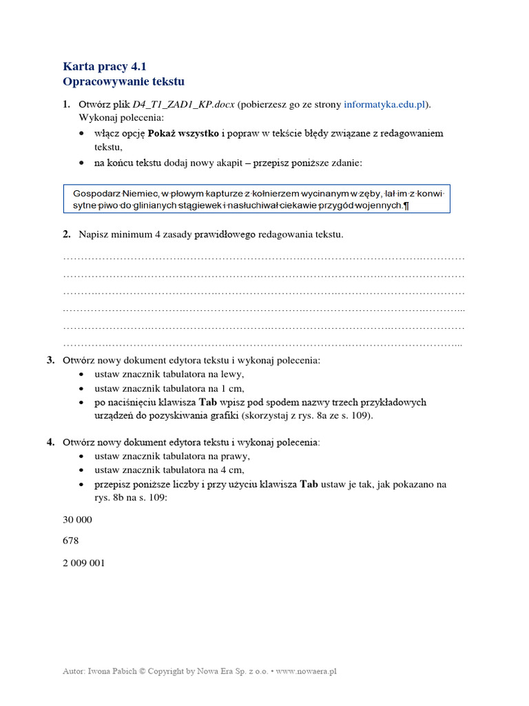 Karta Pracy Opracowywanie Tekstu | PDF