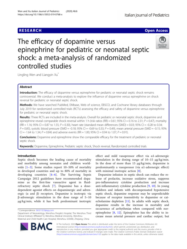 The Efficacy of Dopamine Versus Epinephrine For Pediatric or Neonatal ...
