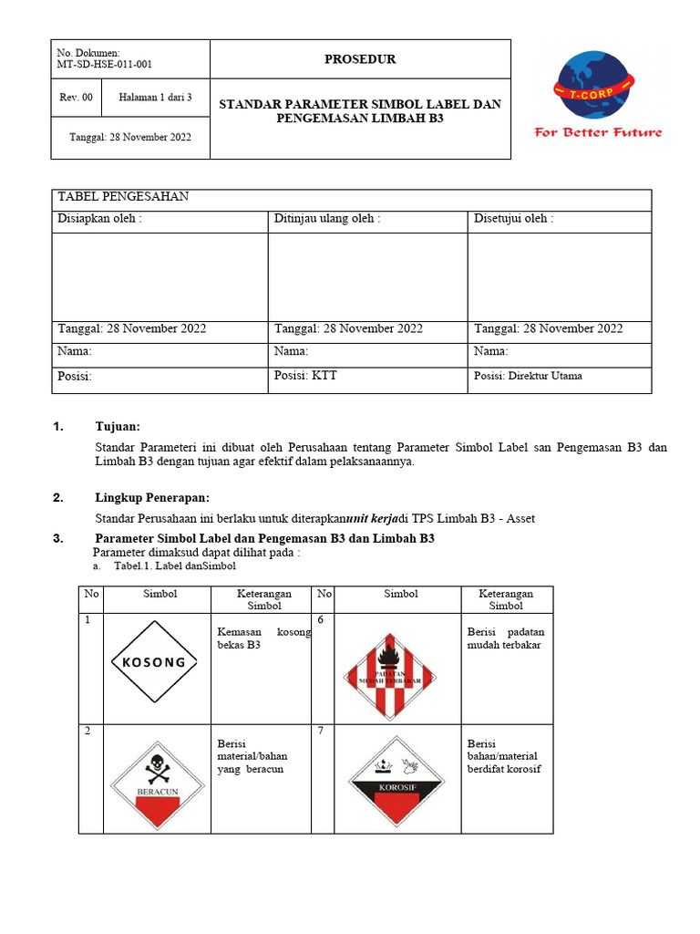 MT-SD-HSE-11-01 STANDAR PARAMETER LABEL SIMBOL B3 DAN LB3 Rev 0 | PDF