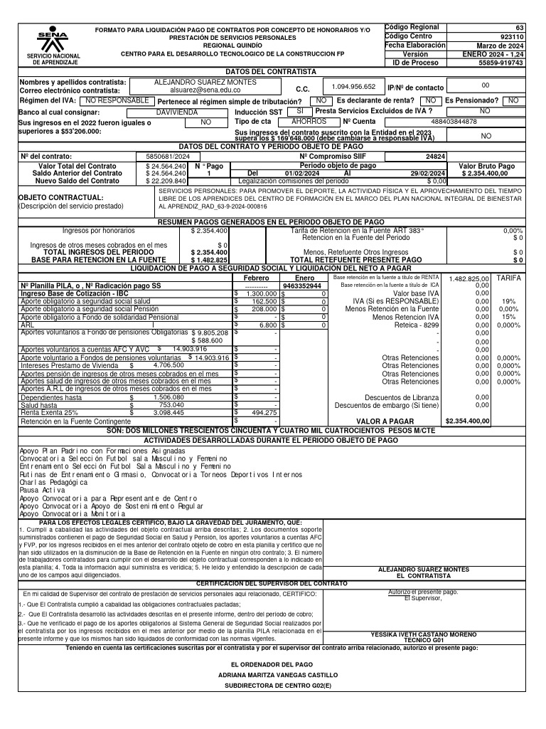 Liquidación de Honorarios Contratista SENA | PDF