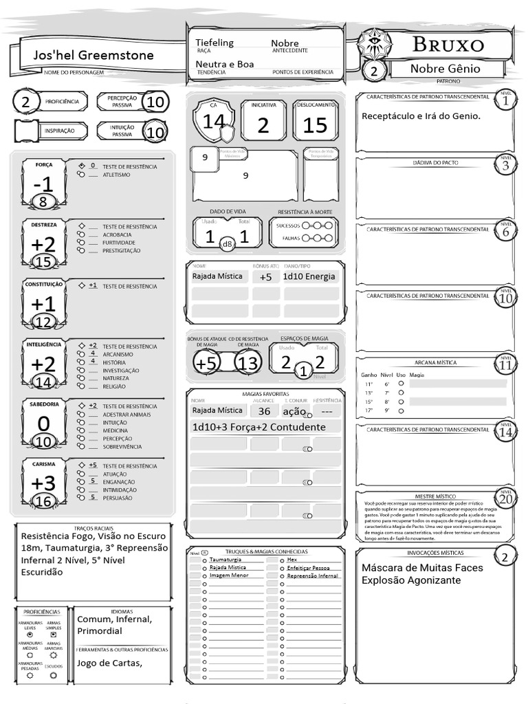 DND 5e - Ficha - Bruxo - Editável | PDF