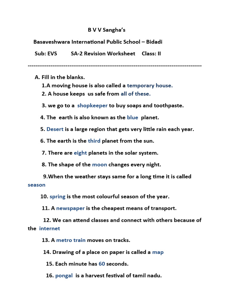 Class 2 EVS Revision Worksheet | PDF | Planets | Solar System