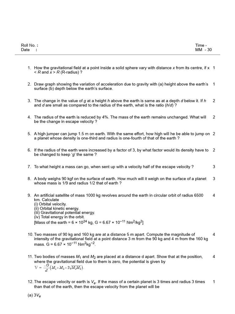 Gravitation - Worksheet | PDF | Orbit | Mass