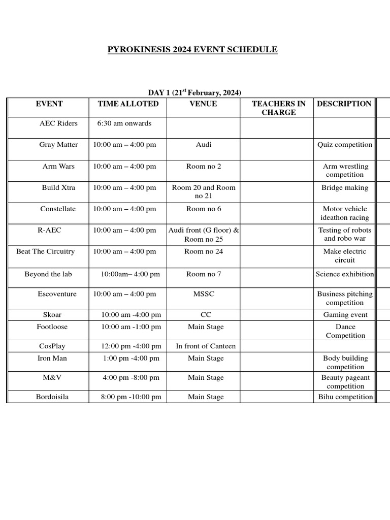 Pyrokinesis 2024 Event Schedule | PDF | Motor Vehicle | Vehicles