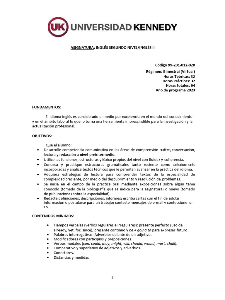 Programa Ingles 2 Univ J F Kennedy | PDF | Adverbio | Lingüística