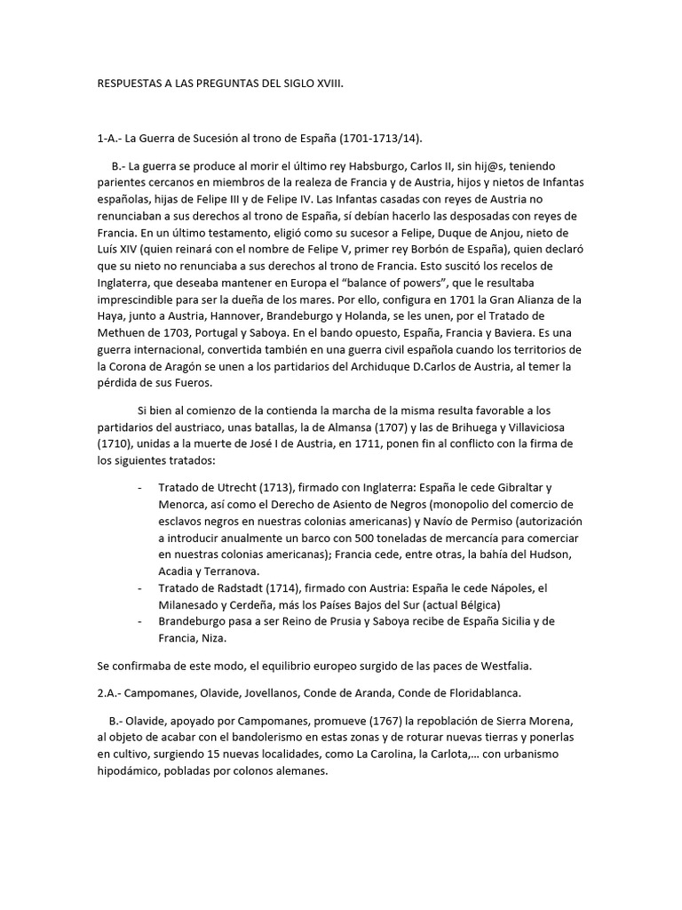 Respuestas A Las Preguntas Del Siglo Xviii | PDF | España