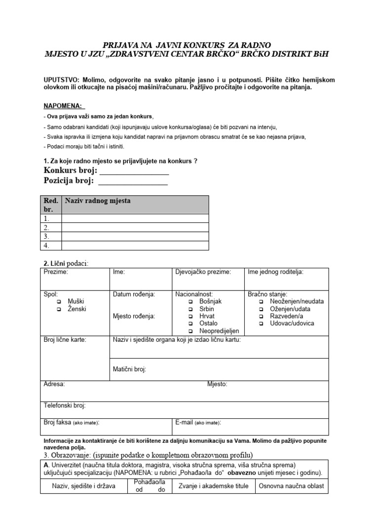 Obrazac Prijave Na Javni Konkurs Za Radno Mjesto - JZU - Bos | PDF