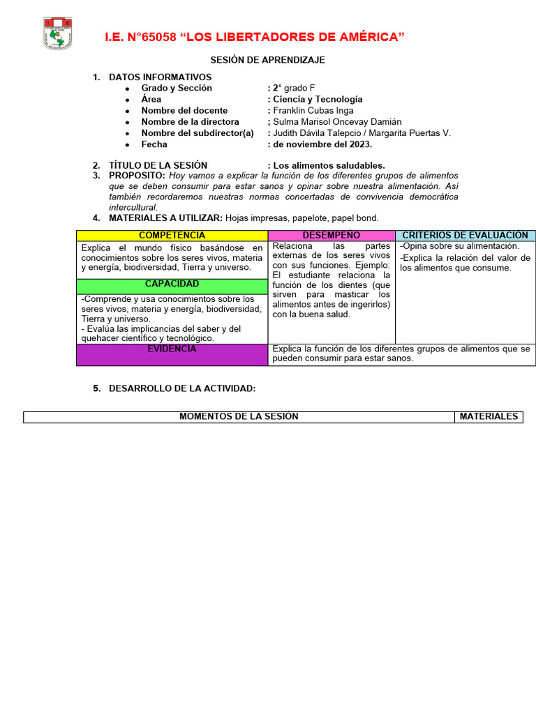 SESION DE APRENDIZAJE-CIENCIA Y TECNOLOGÍA - Los Alimentos Saludables ...