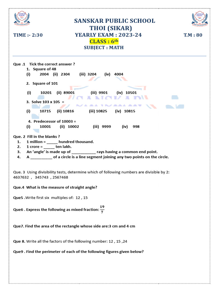 Yearly Exam Class 6 Maths Paper | PDF | Triangle | Triangle Geometry