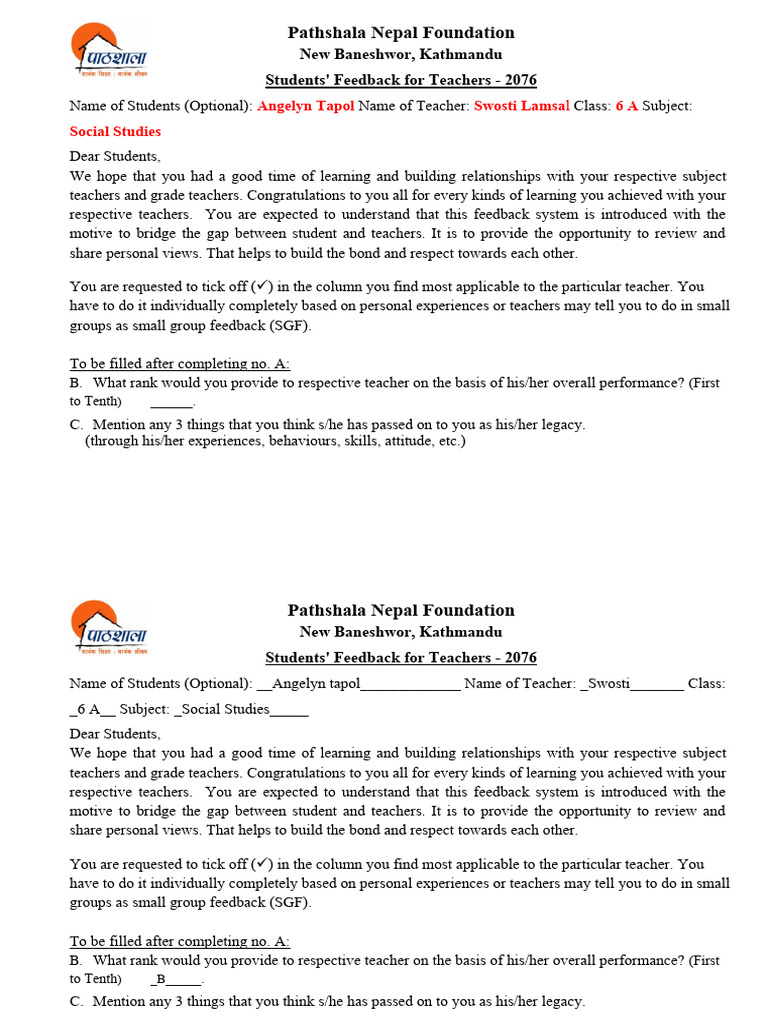 Student's Feedback (Evaluation) | PDF | Teachers | Experience