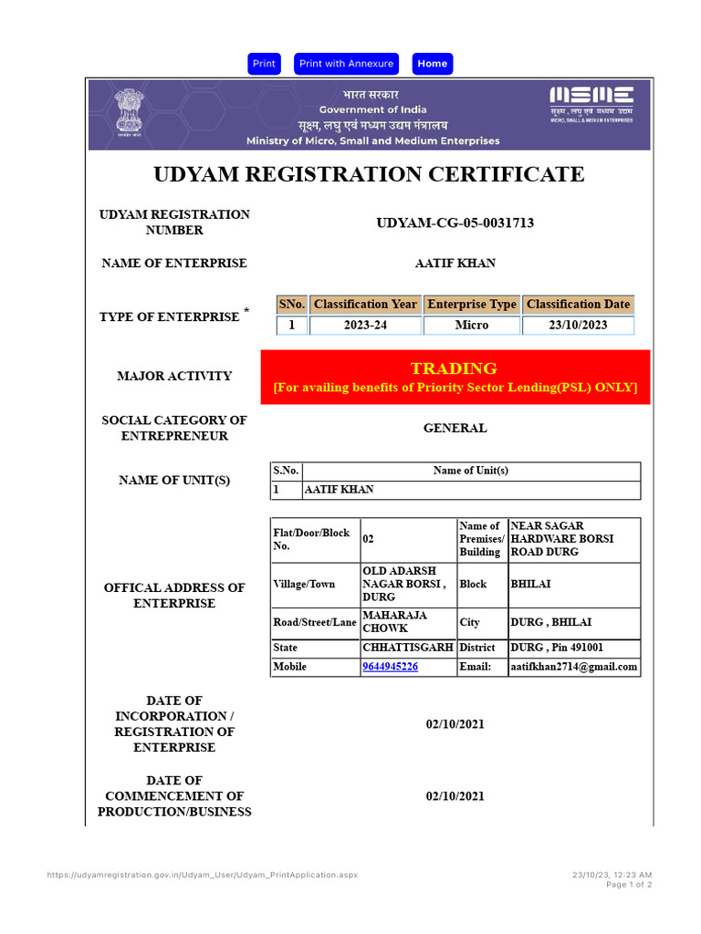 Print - Udyam Registration Certificate | PDF | Vehicles