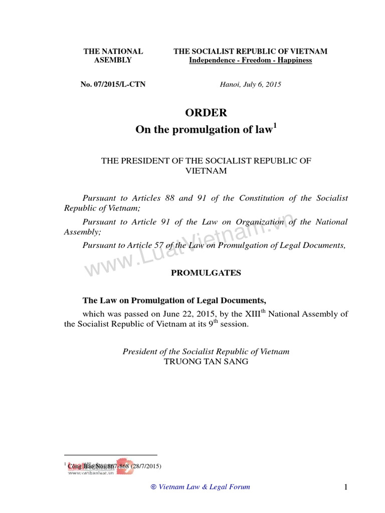 Vietnam Law on Legal Document Promulgation | PDF | Decree | Policy