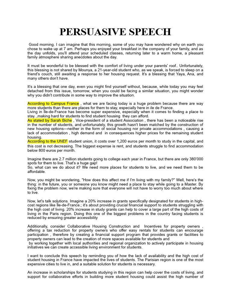 Persuasive Speech | PDF | Cost Of Living | Renting
