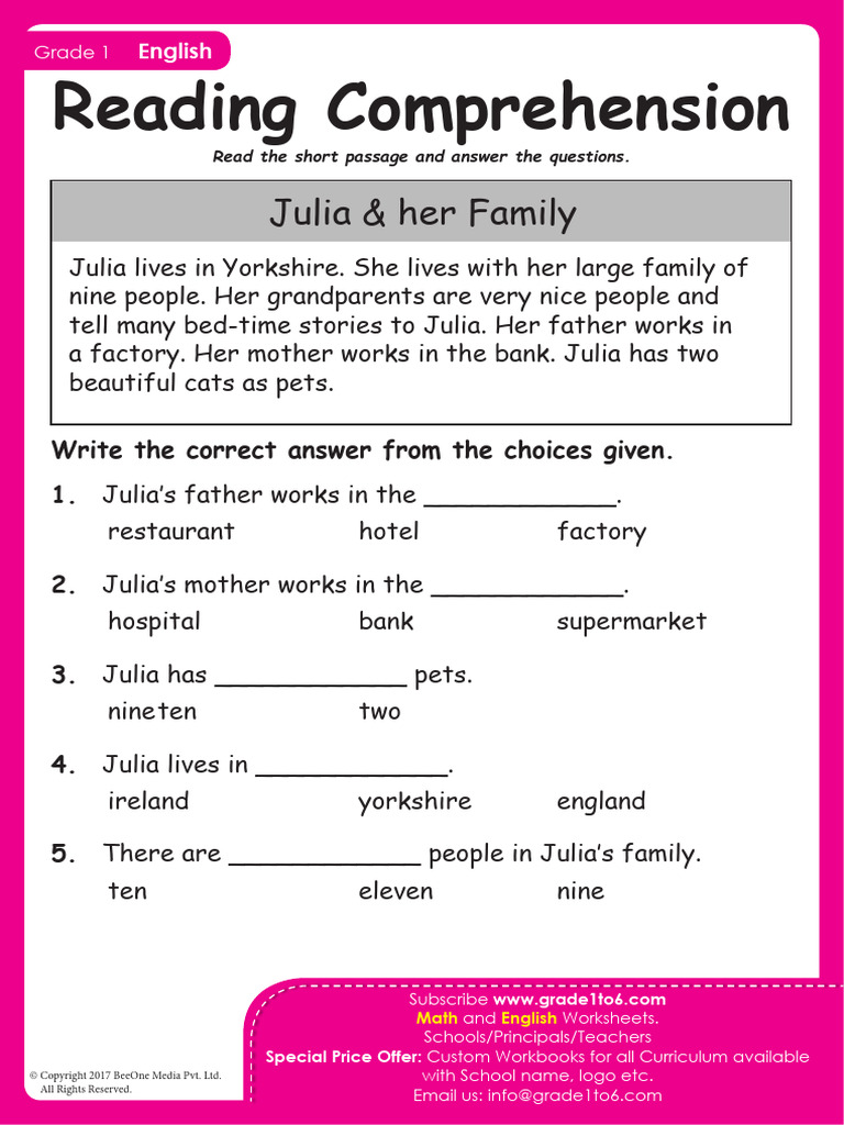 Reading Comprehension - Grade 1 PYP | PDF