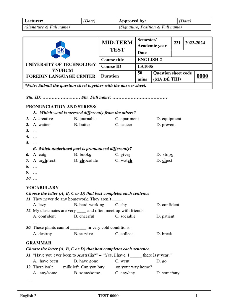 Format Đề Thi Mẫu | PDF | Linguistics