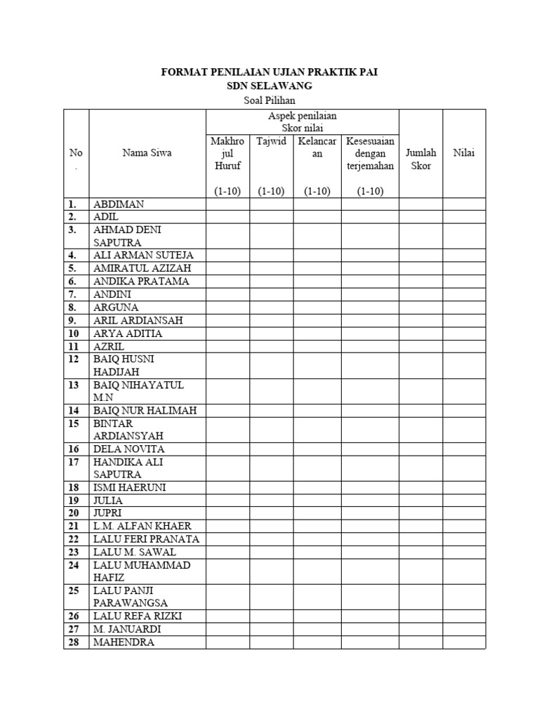 Format Nilai Pai | PDF