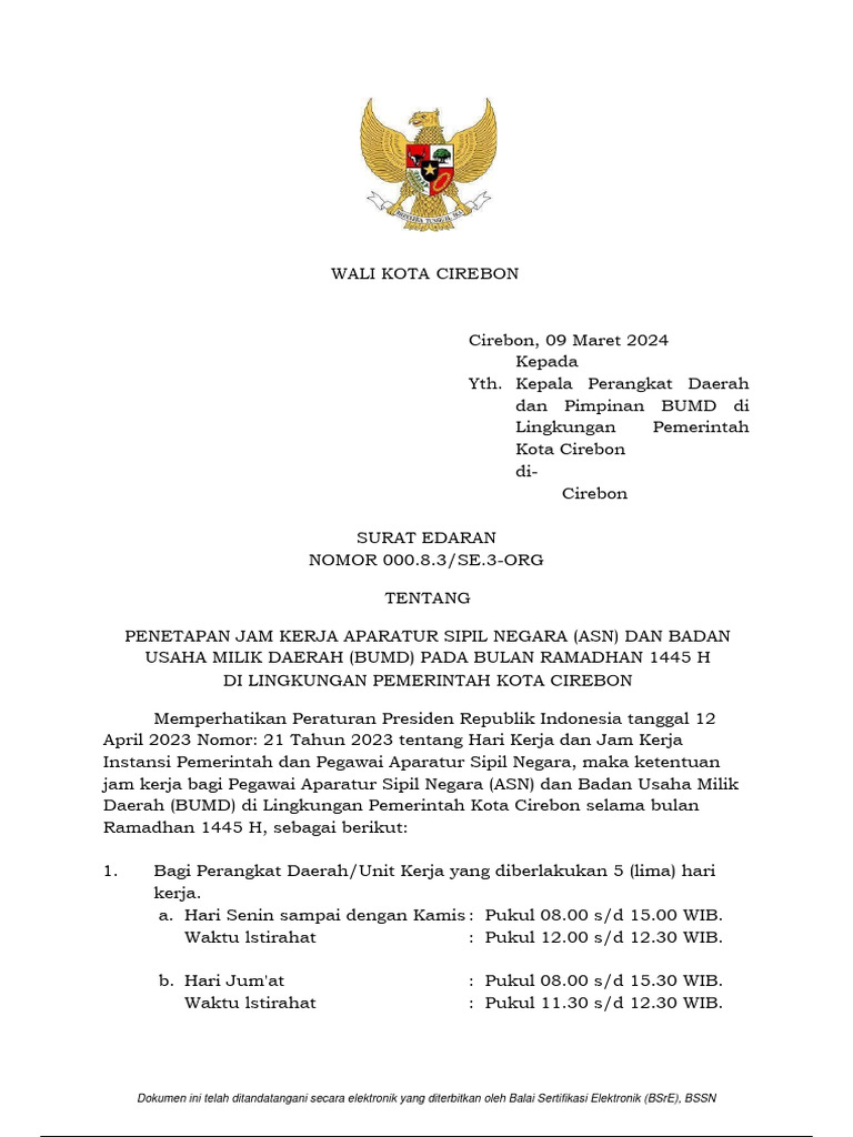 Surat Edaran Penetapan Jam Kerja Selama Ramadhan | PDF