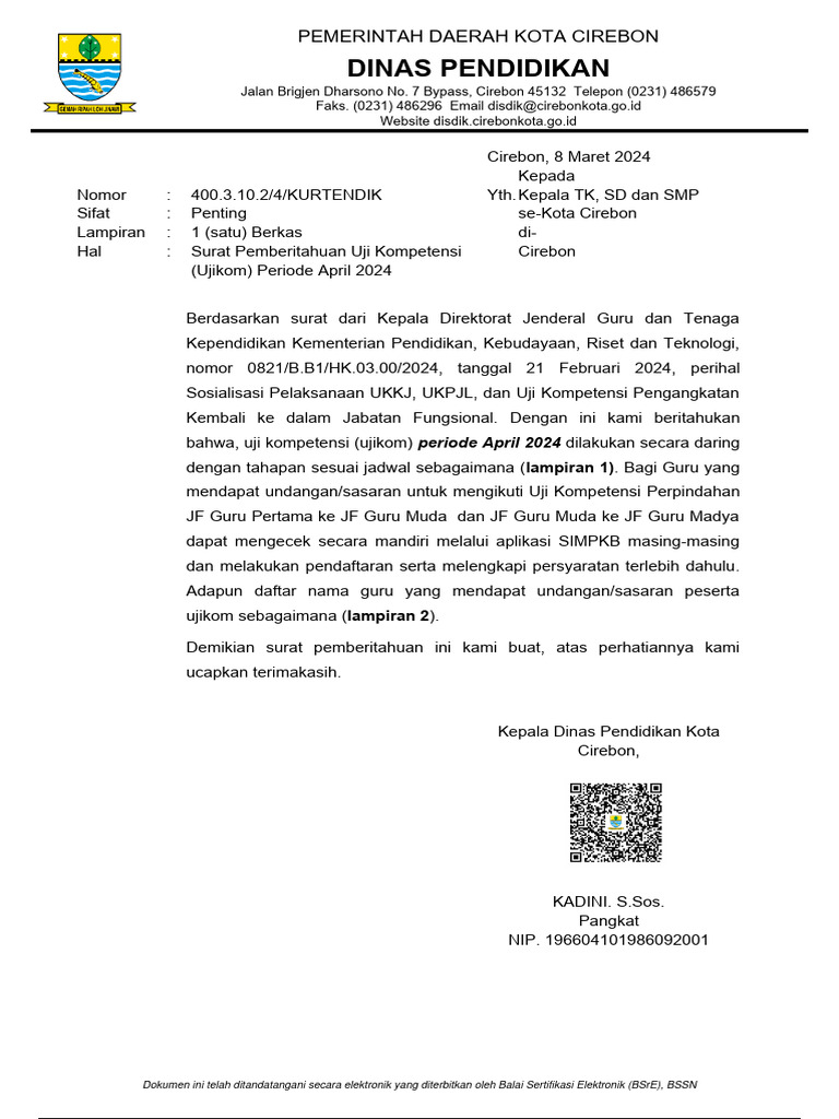 Surat Pemberitahuan Ujikom Guru Periode April 2024 | PDF
