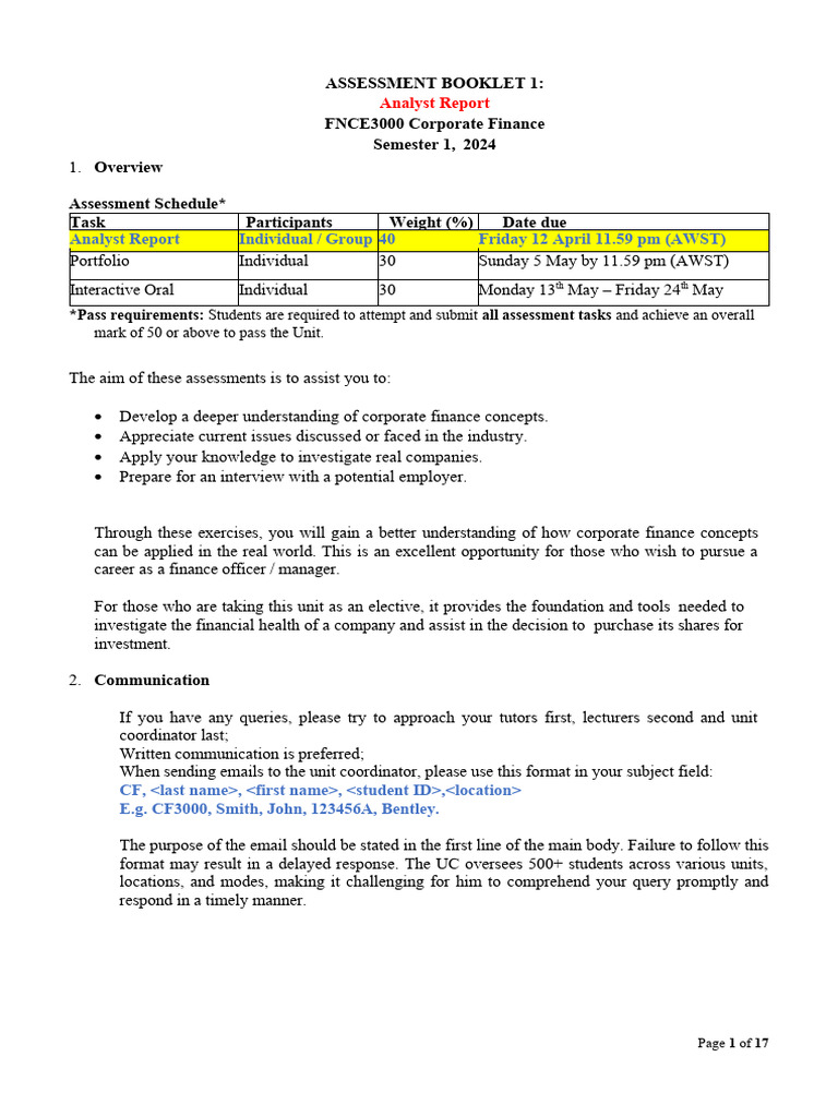Assessment FNCE3000 - S1 - 2024 | PDF | Dividend | Cost Of Capital