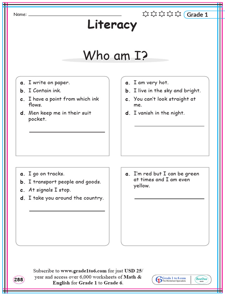 Grade 1 English Literacy Worksheets, Who Am I | PDF