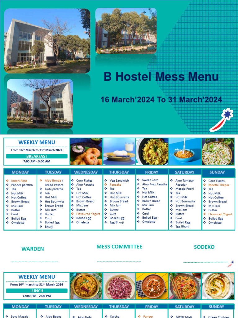 B Hostel Weekly Mess Menu: Mar 2024 | PDF | Potato | Food And Drink