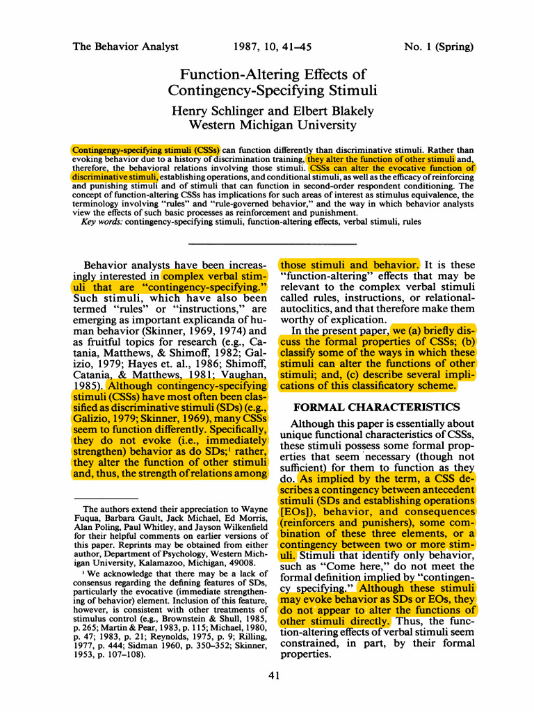 Texto 4 - Function-Altering Effects of Contingency-Specifying Stimuli | PDF | Reinforcement ...