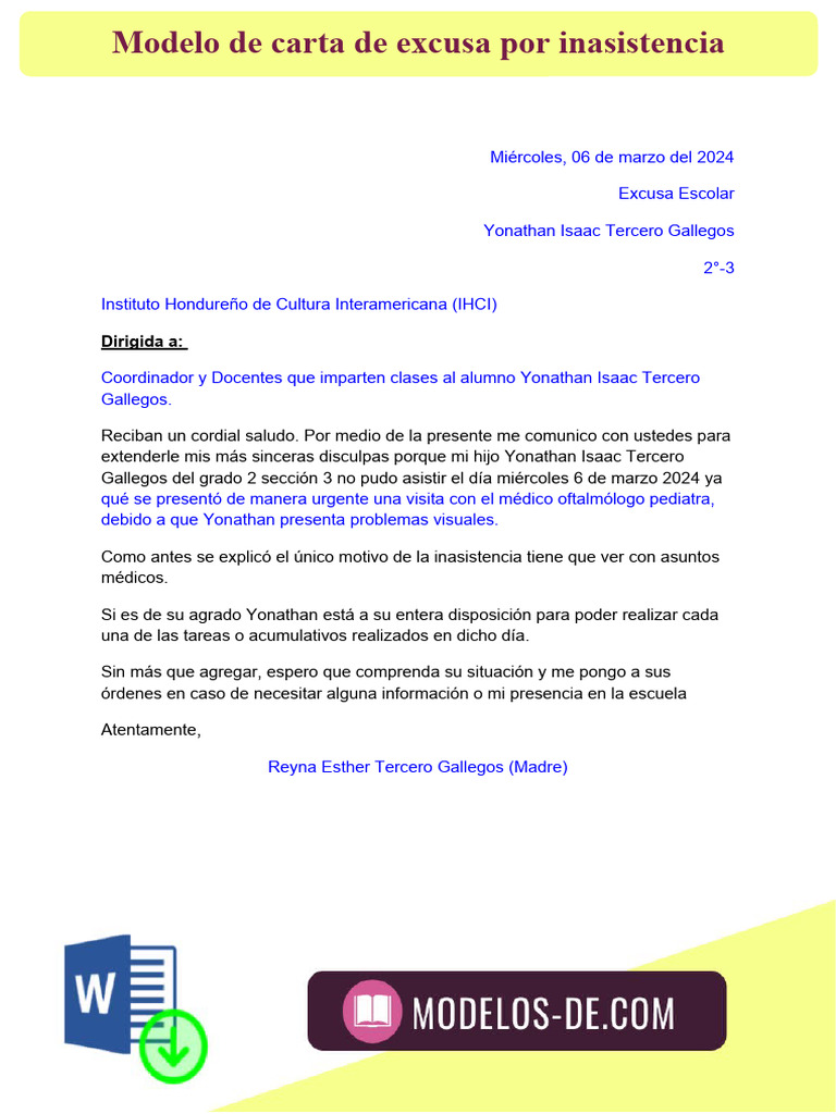 Modelo de carta de excusa escolar | PDF
