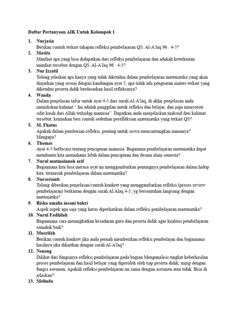 Daftar Pertanyaan AIK Untuk Kelompok 1 | PDF