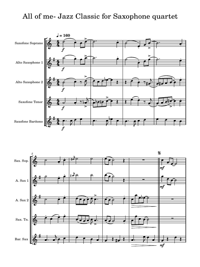 All of Me Jazz Classic For Saxophone Quartet | PDF | American Popular ...