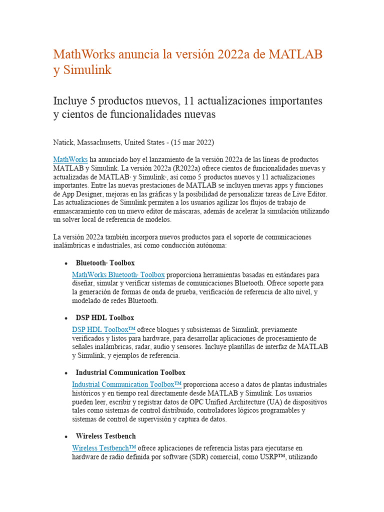 MathWorks anuncia la versión 2022a de MATLAB y Simulink | PDF | Matlab | Informática