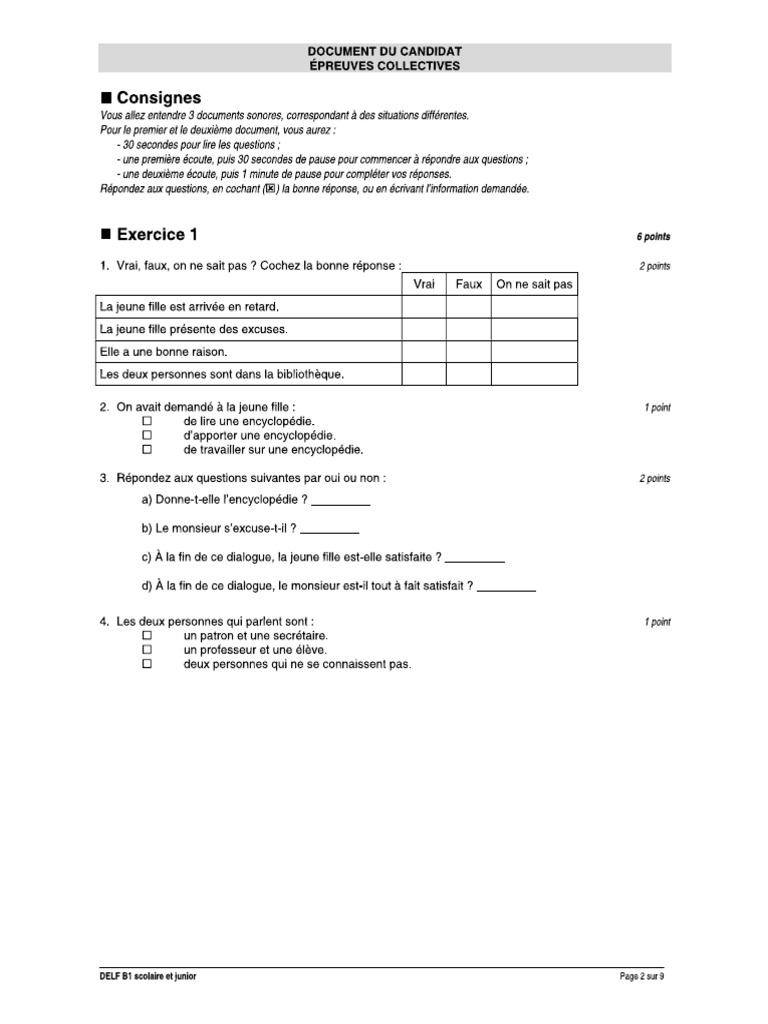 DELF B1 JUNIOR TEST 1 | PDF