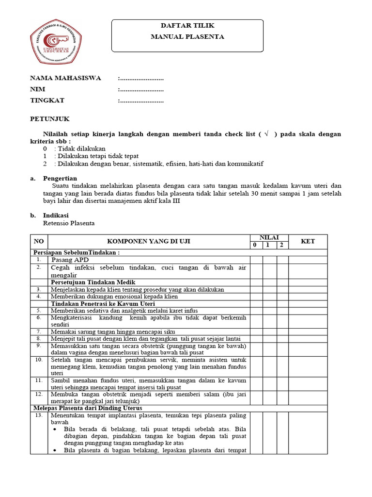 Daftar Tilik Manual Plasenta | PDF | Sains & Matematika