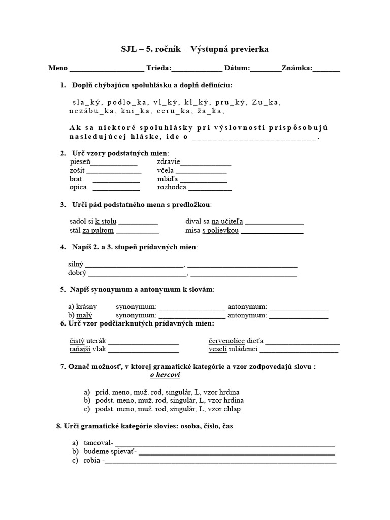 Výstupná Previerka Pre 5. Ročník ZŠ | PDF