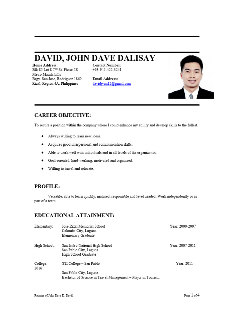 David, John Dave Dalisay: Career Objective | PDF