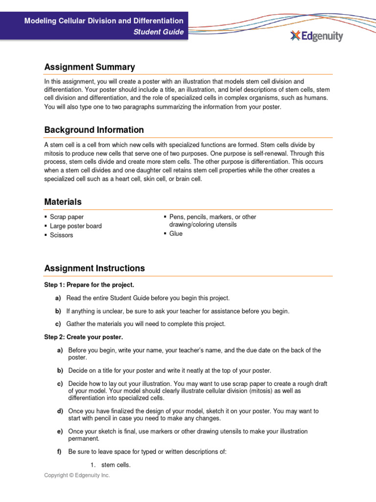 Project Modeling Cellular Division and Differentiation Student Guide ...