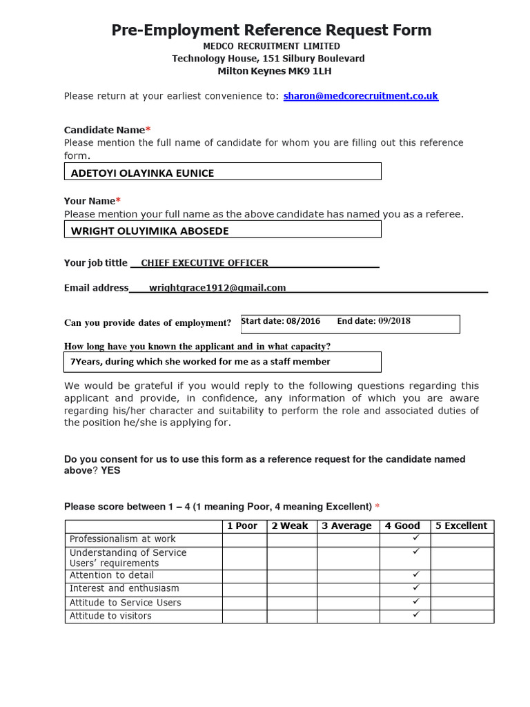 Pre-employment Reference] Request REFILLED (1) | PDF