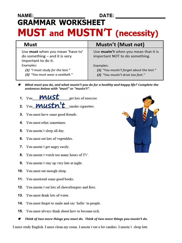 Must and Mustn't Grammar Worksheet | PDF