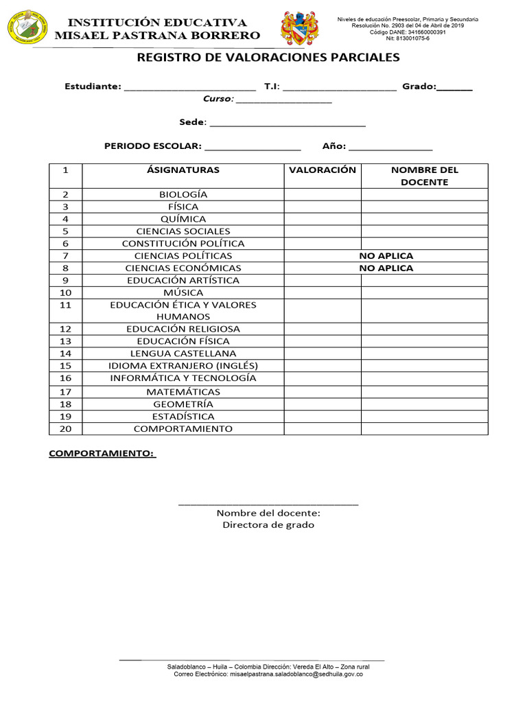 Formato De Notas Parciales Pdf