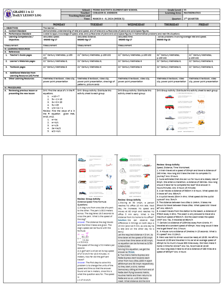 Grade 6 Math Lesson Plan: Speed & Distance | PDF | Speed | Time