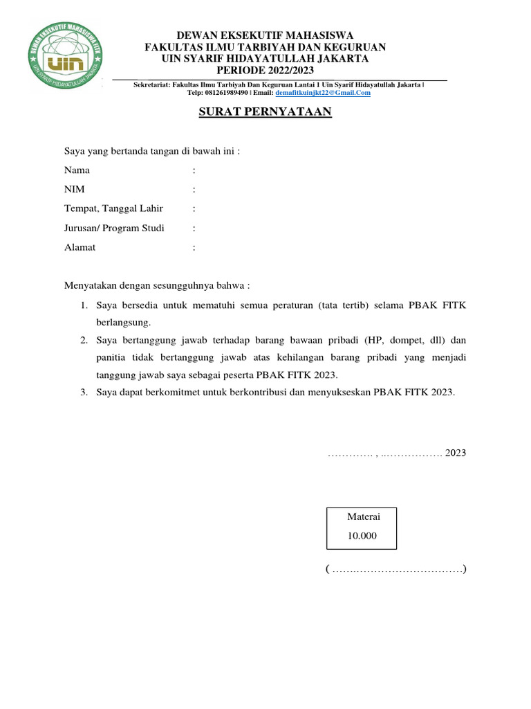 Form Surat Pernyataan Dan Daftar Ulang PBAK FITK 2023 | PDF
