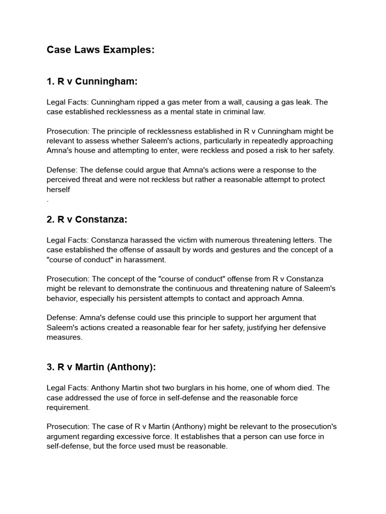Case Laws Examples For Moot | PDF | Mens Rea | Self Defense