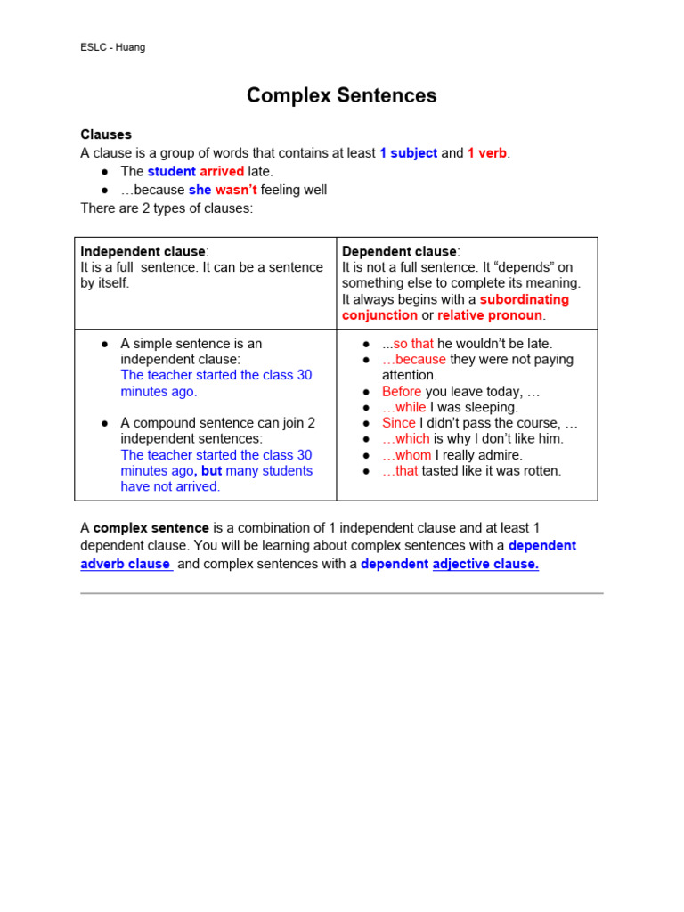 Complex Sentences1, With Adverb Clauses - ESLC (Repaired) | PDF ...
