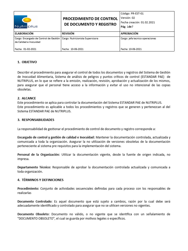 Procedimiento de Control de Documento y Registro | PDF | Archivo de ...