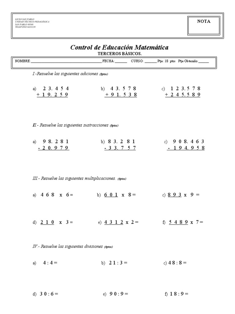 Prueba de Multiplicaciones y Divisiones 5° Básico | PDF | Métodos y ...