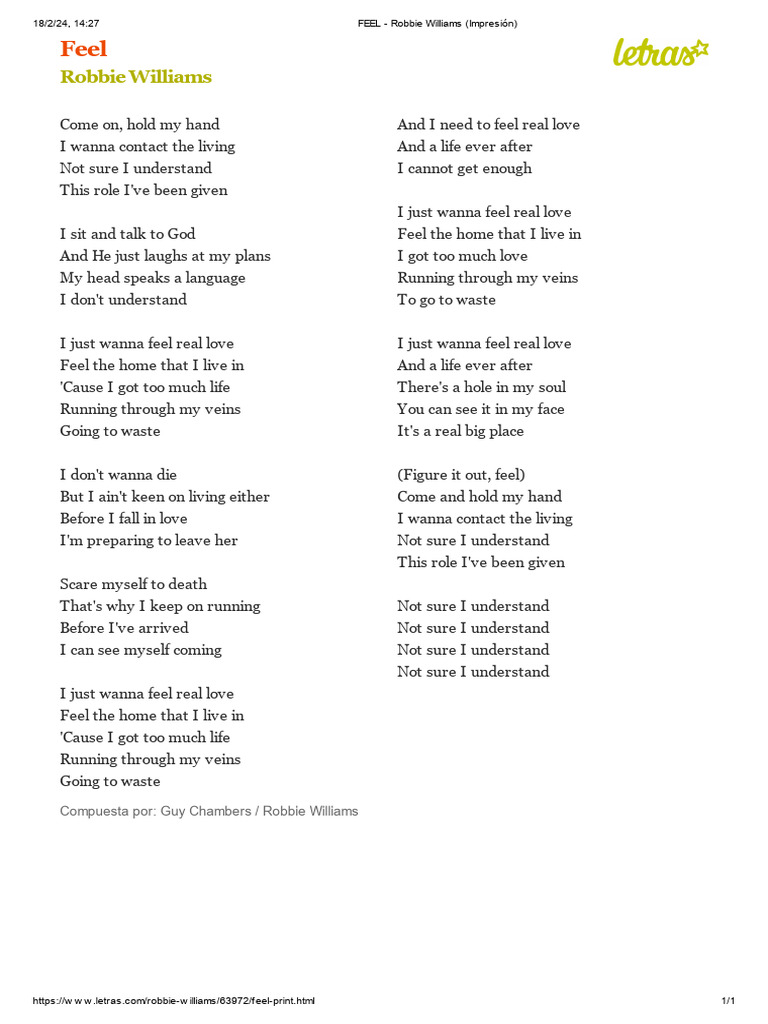 Robbie Williams "Feel" Lyrics Analysis | PDF