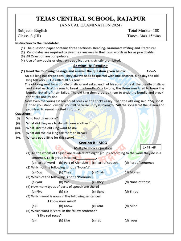 Class 3 English Question Paper 2024 | PDF | Part Of Speech | Noun